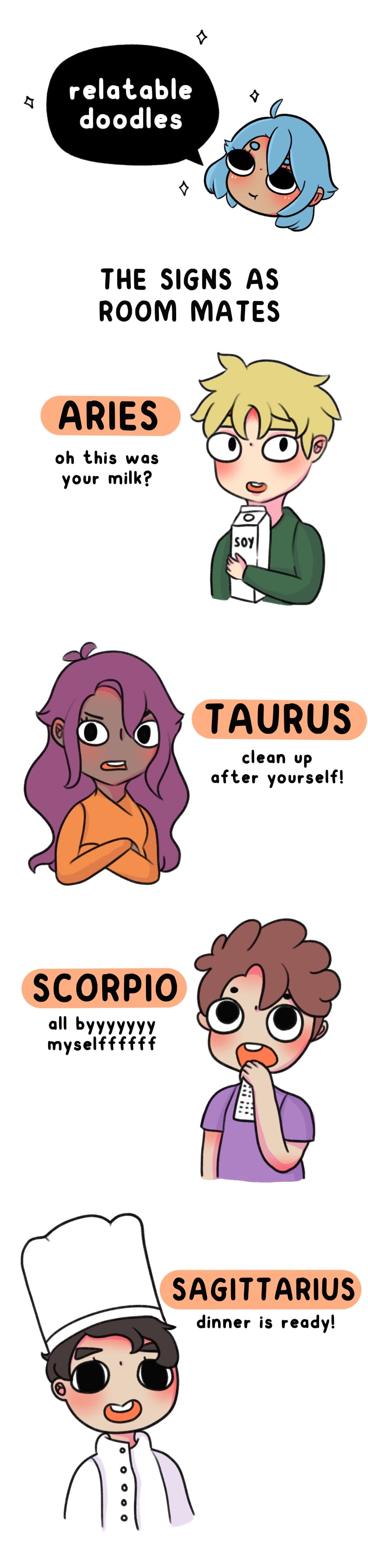 Read Relatable Doodles :: The Zodiac Signs as room mates | Tapas Comics